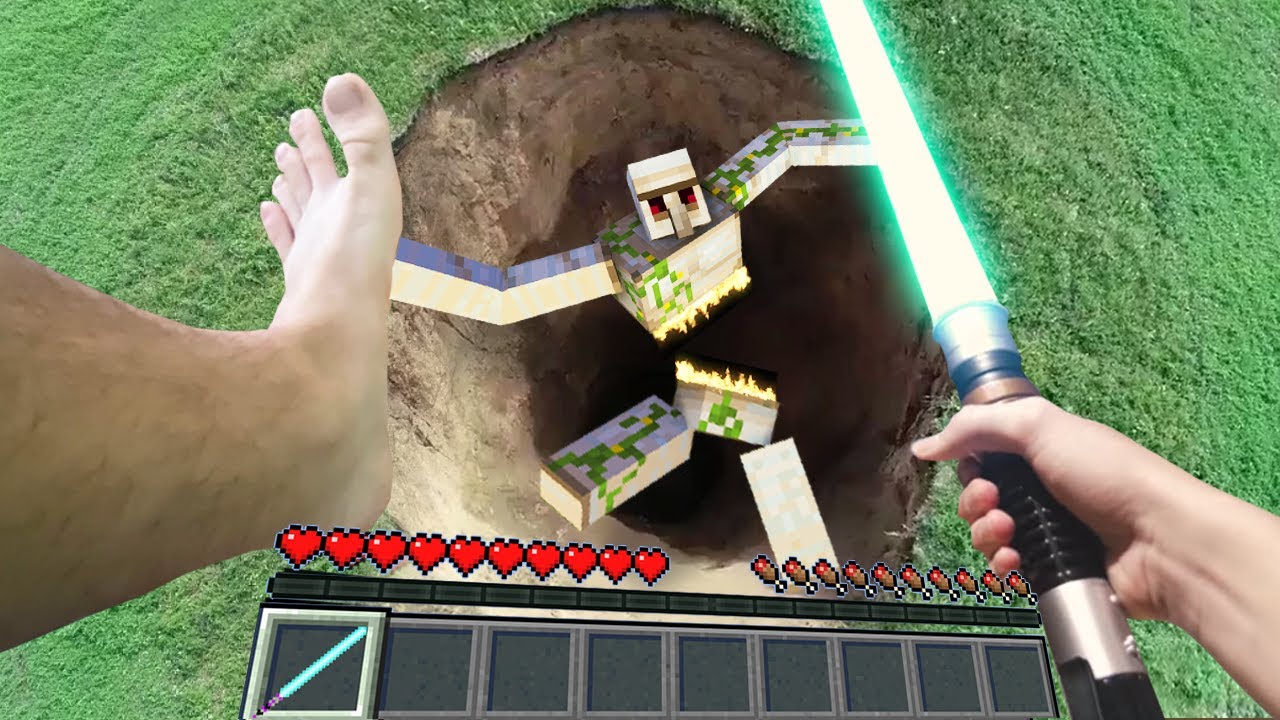 Minecraft in Real Life LASER SWORD vs VILLAGER GOLEM in Realistic ...