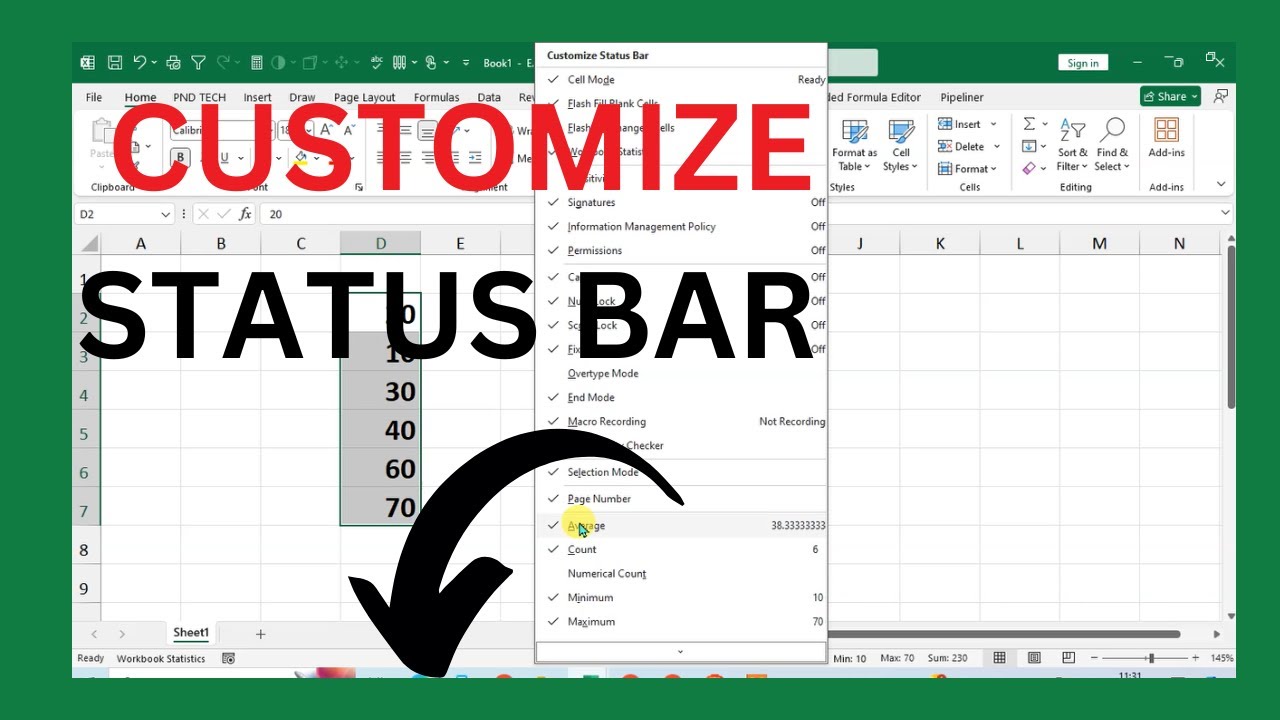 How To Customize Status Bar With Function In Excel Sheet - YouTube