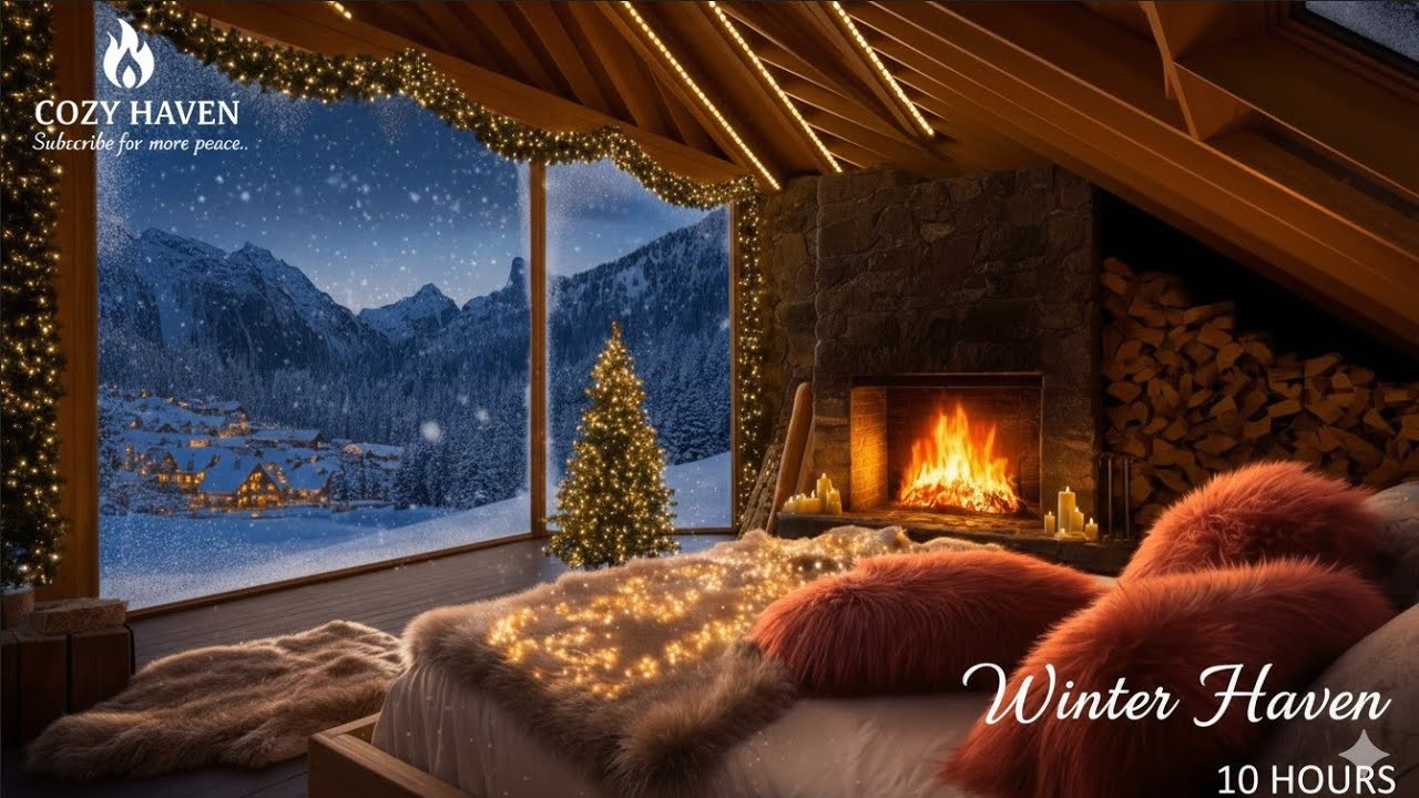 Cozy Winter Cabin Ambience ️ Snowy Mountain View, Fireplace & Soft ...