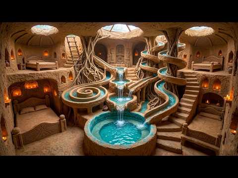 Building a Luxury Cave Resort with Spiral Slide, River Pool, Hanging Garden Terrace & Clay Interior