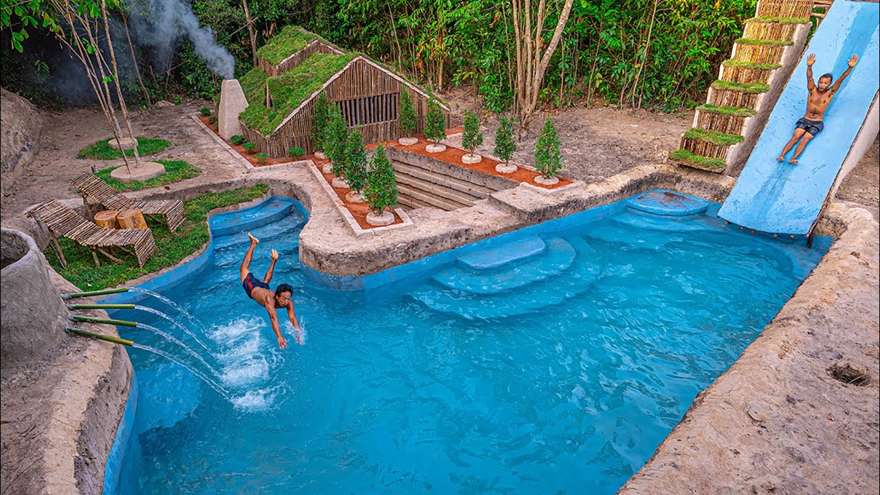Build UNDERGROUND Private POOL with Waterslide in UNDERGROUND Bunker ...