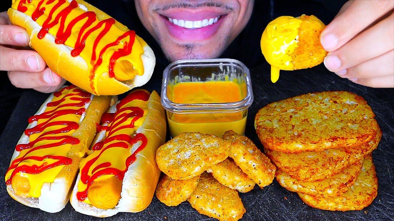 ASMR EATING CHEESE HOT DOGS CHICKEN NUGGETS WITH HASH BROWNS MUKBANG ...