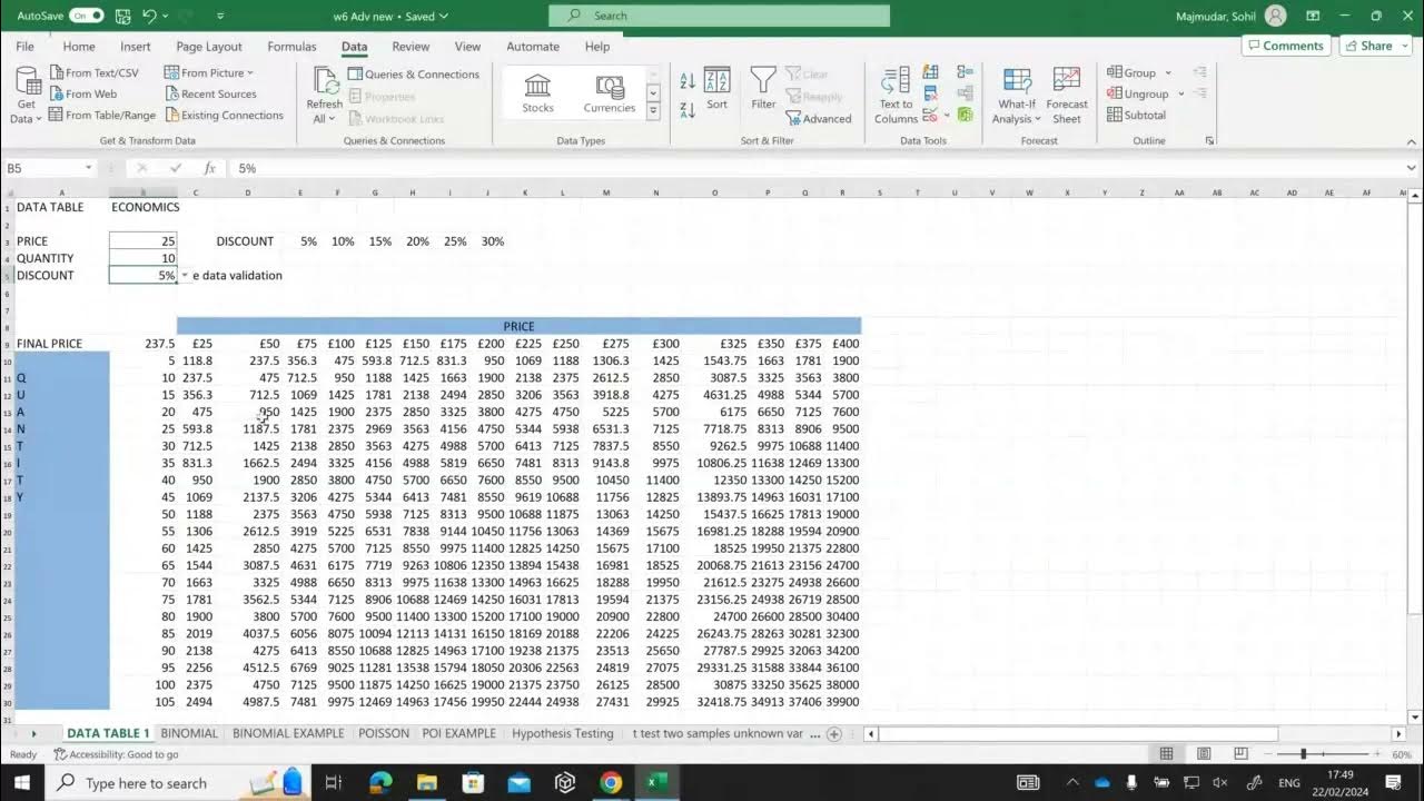 Excel: Data Tables, Binomial, Poisson and Hypothesis Testing - YouTube