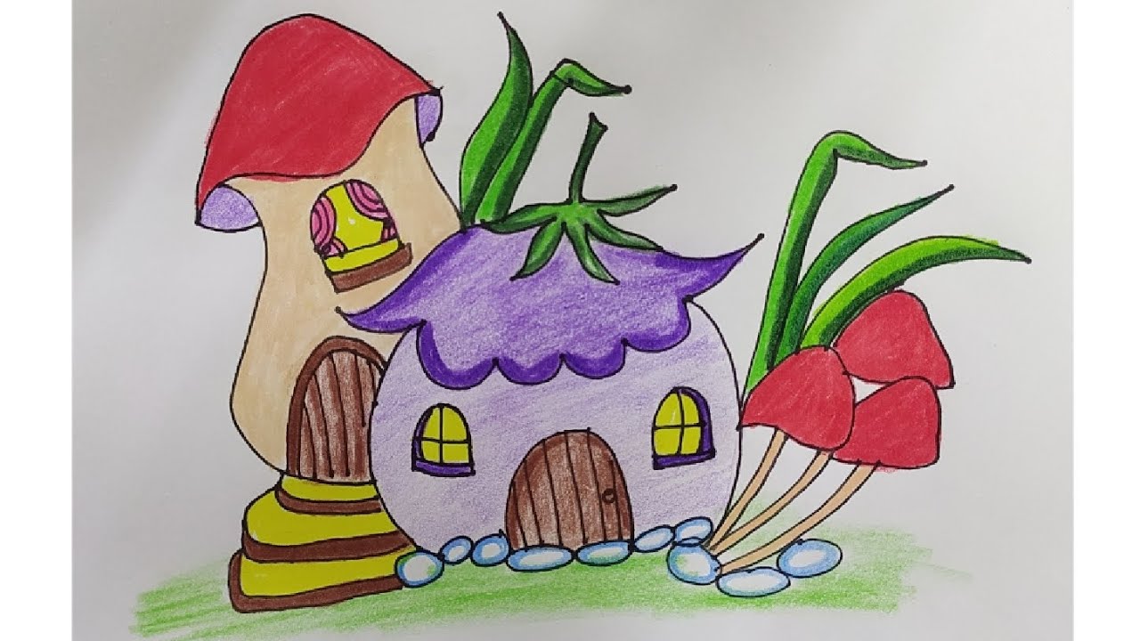 Mushroom Fairy House Drawing🍄🧚🏻‍♀️| Imaginary Home of Fairies Drawing ...
