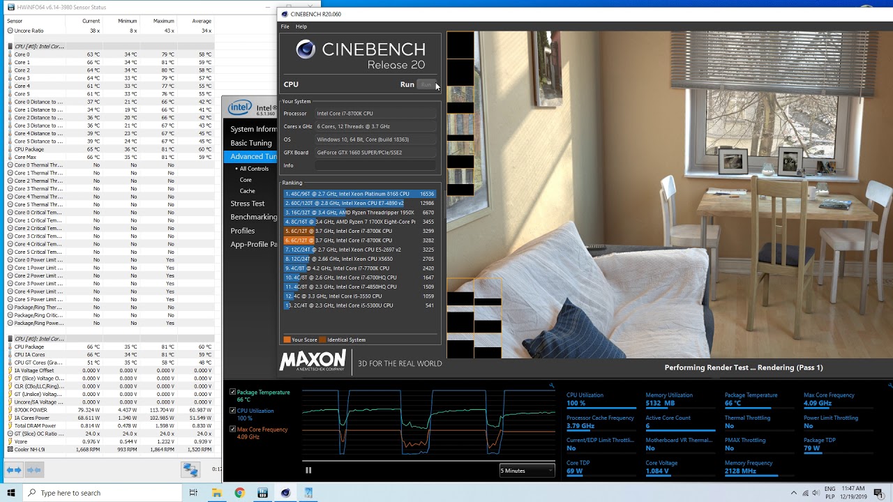 Cinebench R20 I7 8700K from 4,3GHZ to 3,7GHZ all cores with undervolt ...