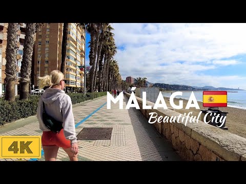 🇪🇦[4K] Málaga Spain Malagueta Beach Promenade and City Walk | Costa del ...