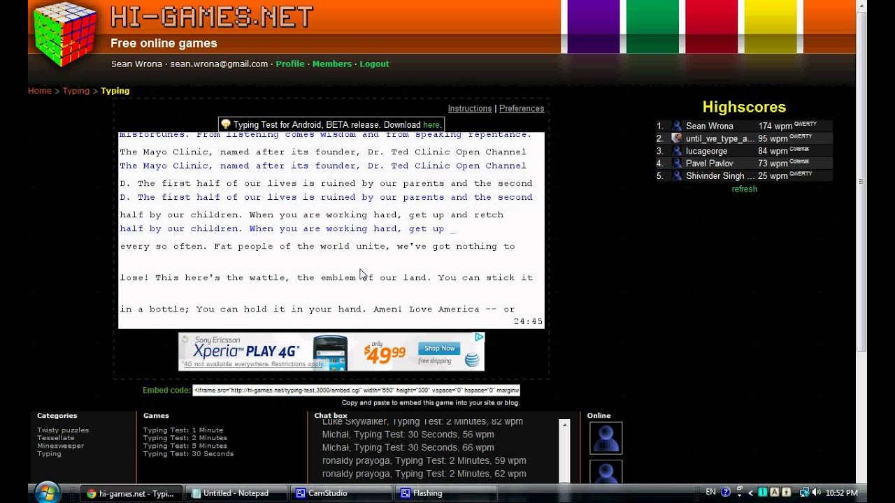 174 wpm on hi-games.net 50 minute test - YouTube