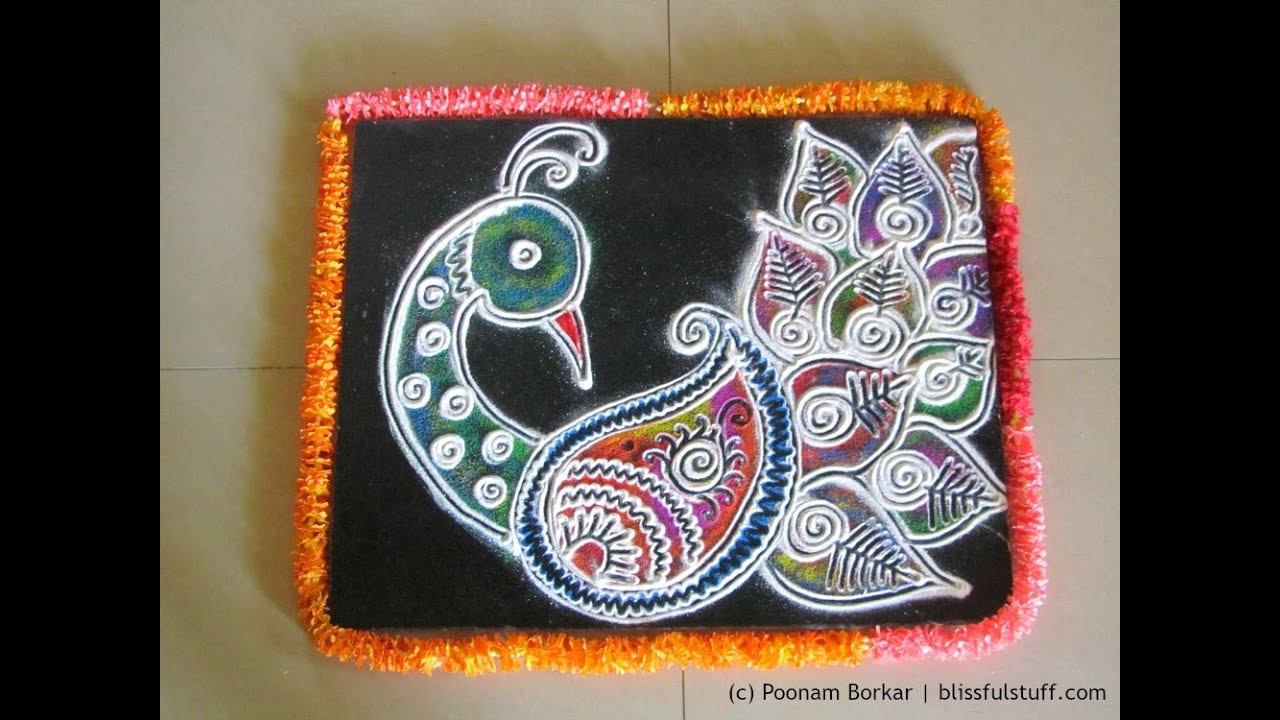 Colorful peacock rangoli | Creative and unique peacock rangoli design ...
