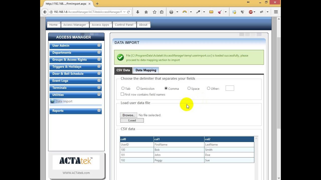 Actatek Access Manager User Import From Excel Spreadsheet - YouTube