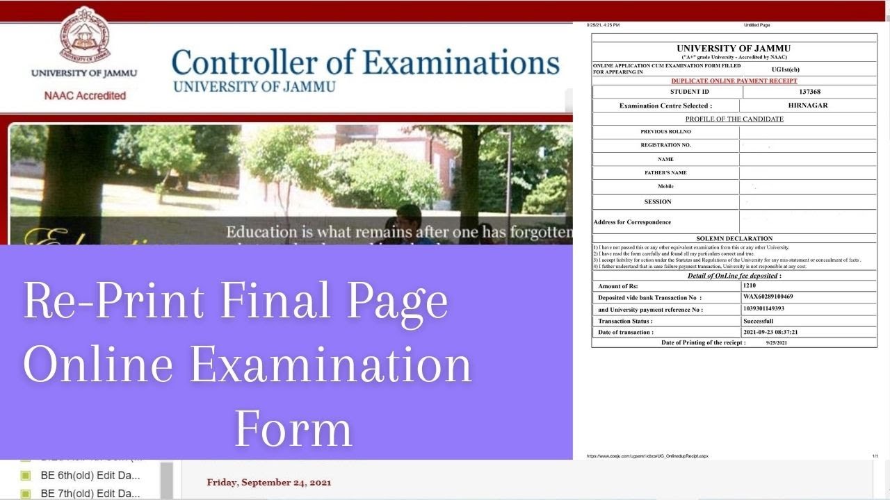 Re-Print Final Page Online Examination Form| Jammu University | - YouTube