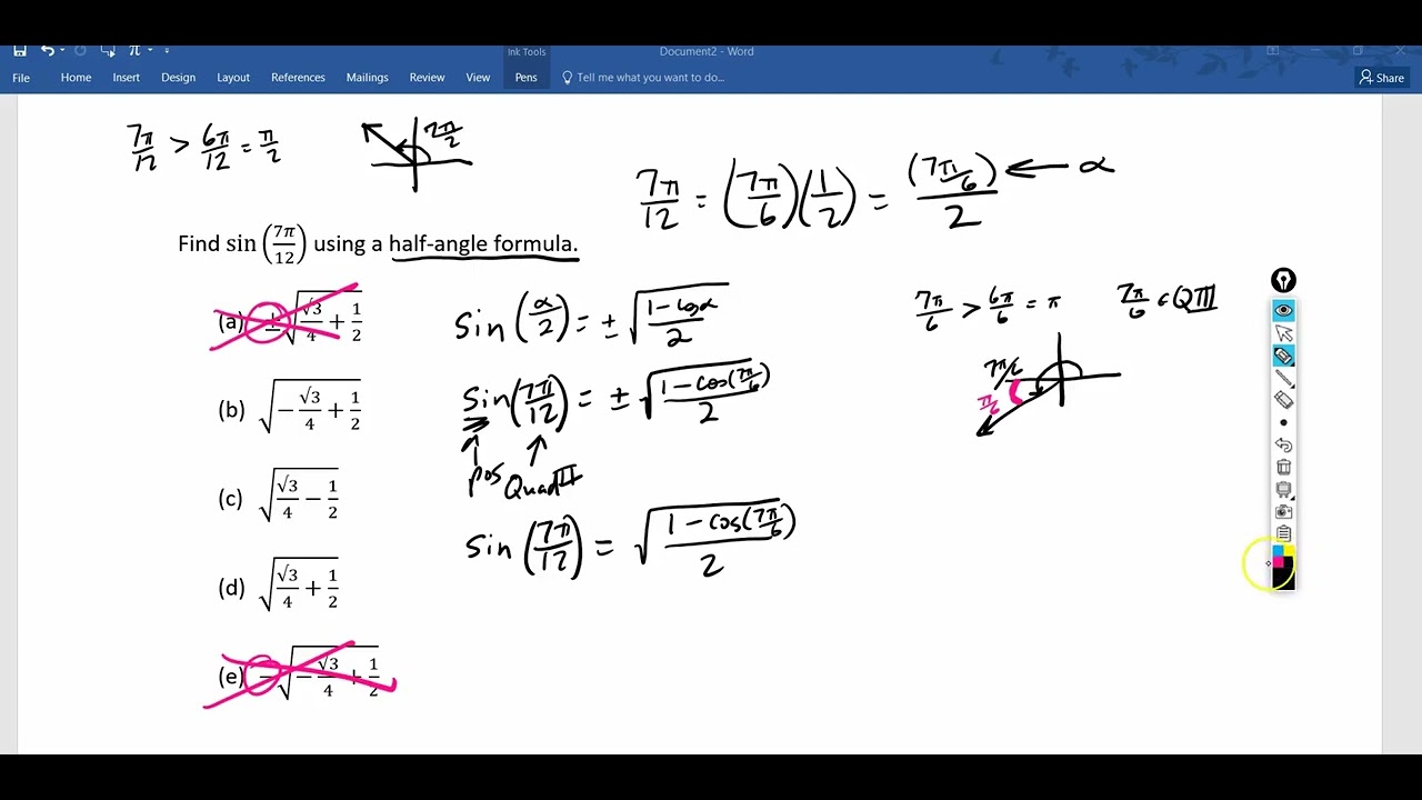 Trigonometry Half Angle Example Find Sin 7pi 12 YouTube trigonometry-half-angle-example-find-sin-7pi-12-youtube