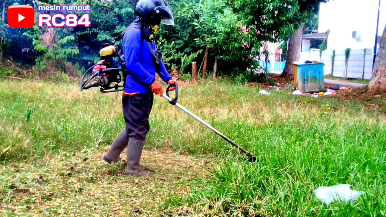 Kering dan Gersang Potong rumput di musim kemarau Agustus 2023 mesin ...