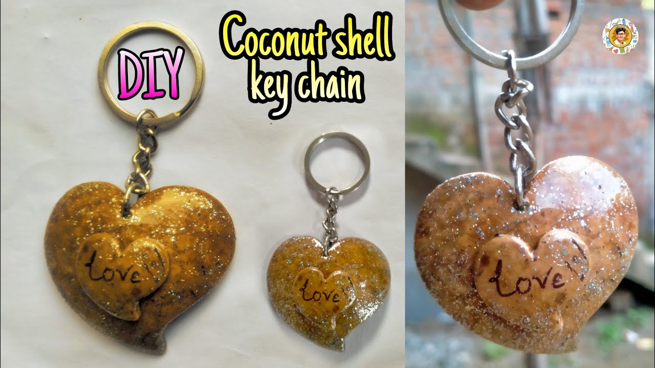 DIY heart shape coconut shell key chain // How to make a key chain ...