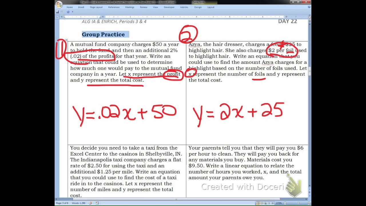 ALG IA - Day 23, 3.13 Writing Equations (given a verbal description ...