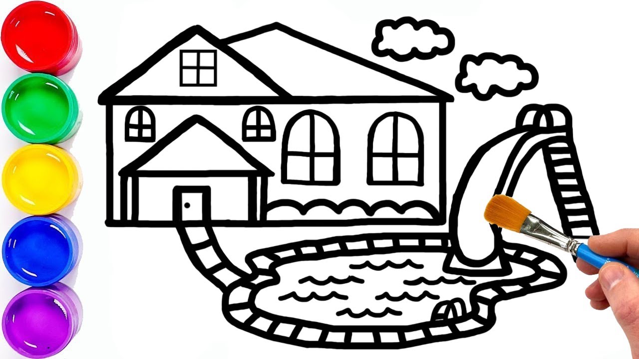 House with Pool Drawing, Painting and Coloring for Kids, Toddlers | How ...