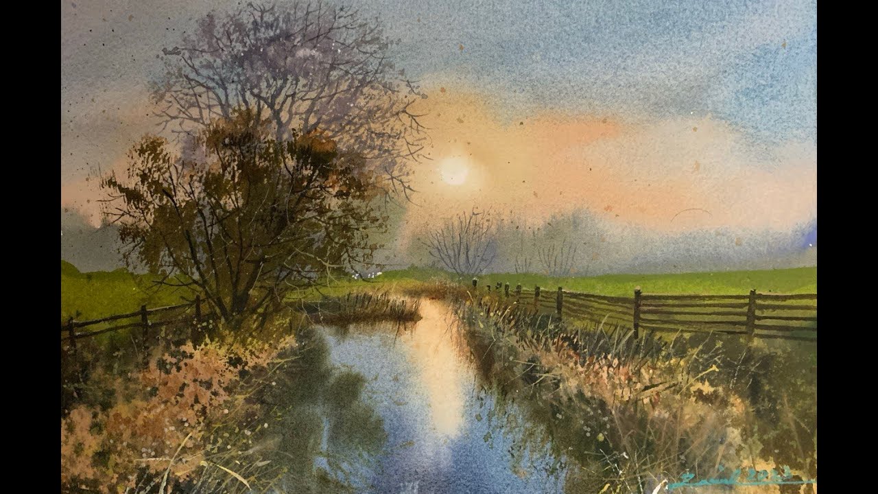 Watercolor painting of sunset landscape of river side tree - YouTube