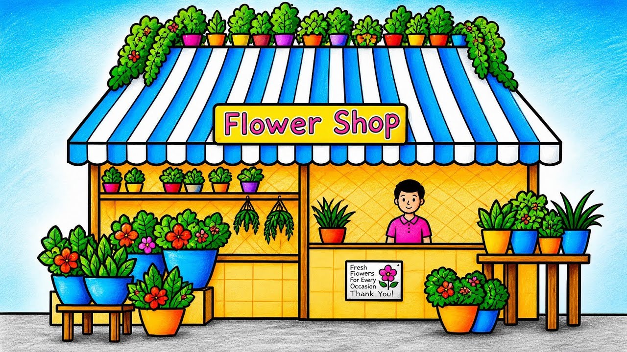 How to draw flower shop step by step | Flower shop drawing | Drawing ...