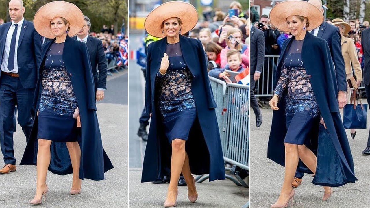 Queen Maxima Stuns in Navy Floral Embellishments Gold Dress for Visited ...
