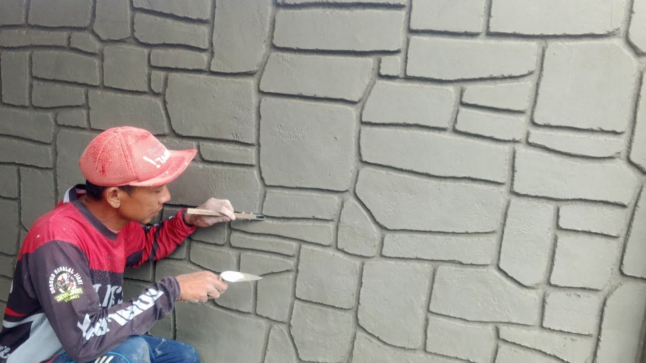 cara membuat plesteran tembok motif batu alam minimalis - YouTube