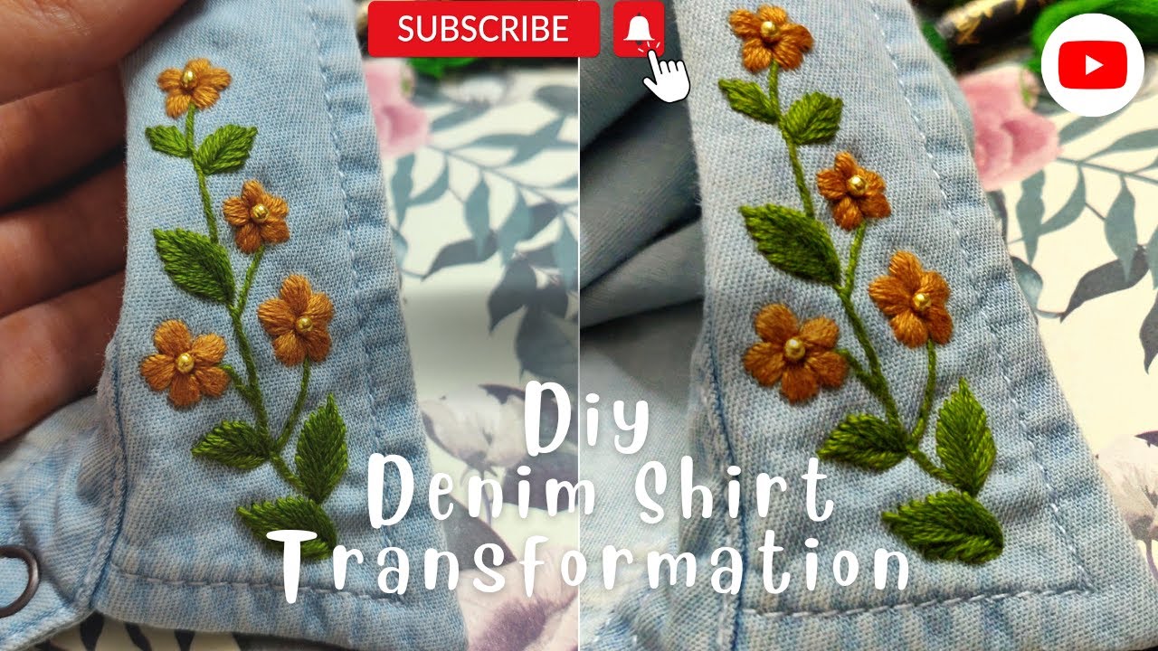 Diy Denim Shirt Embroidery | Denim Shirt Transformation | Easy Collar ...
