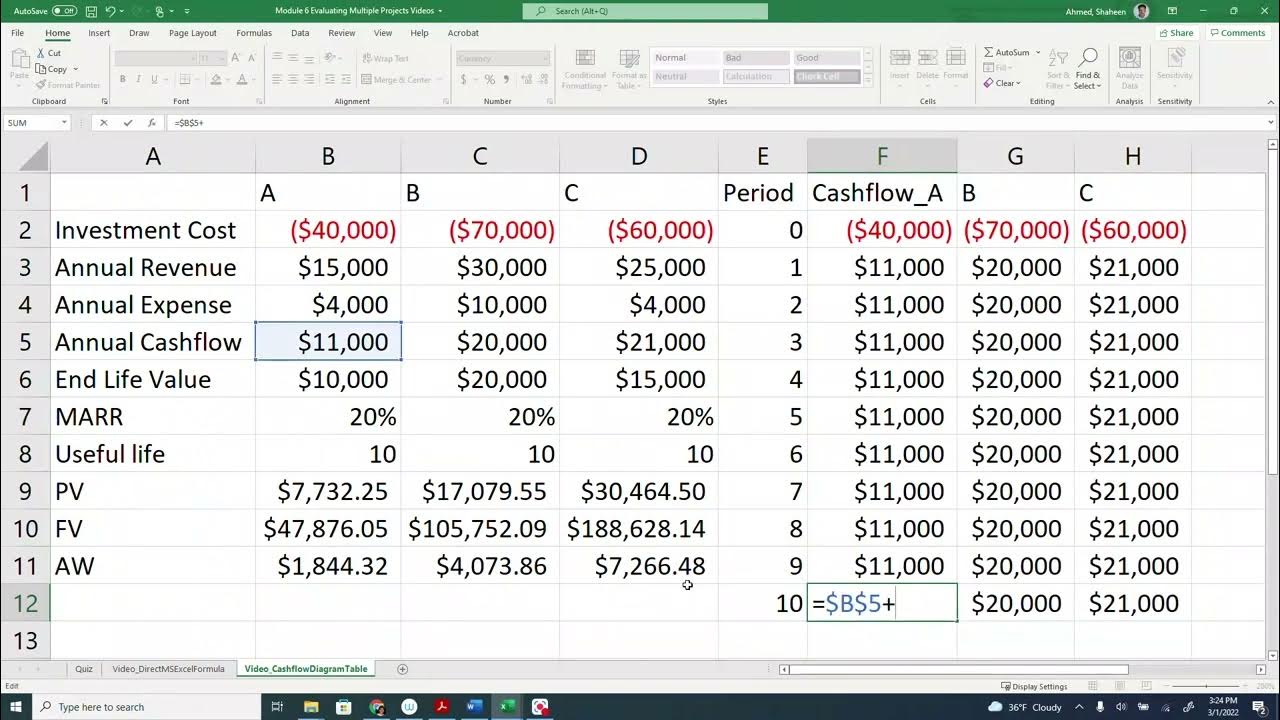 Present Worth Analysis Calculations Applying Cashflow Diagram Table and MS Excel Functions - YouTube