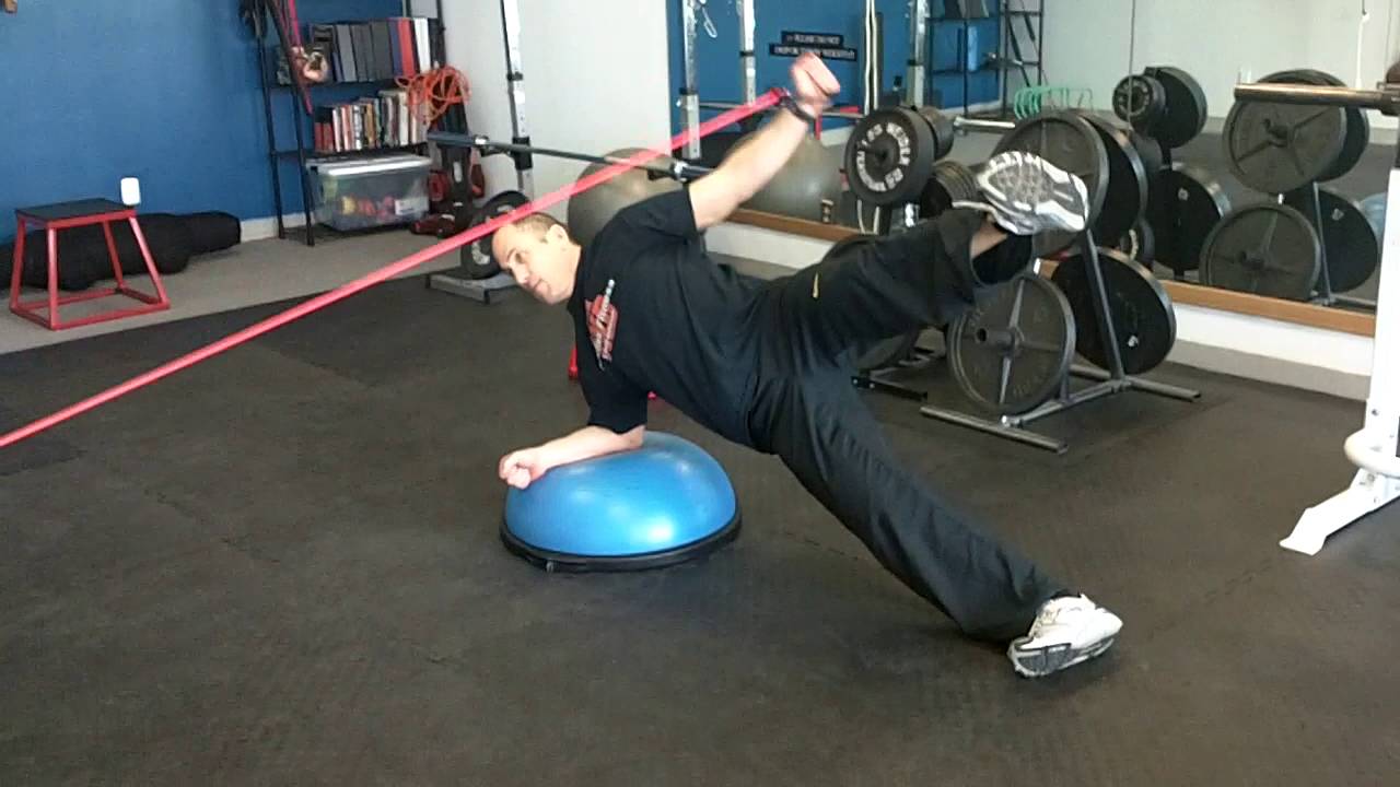 Single Leg Side Plank Reverse Fly with Band Elbow on BOSU - YouTube