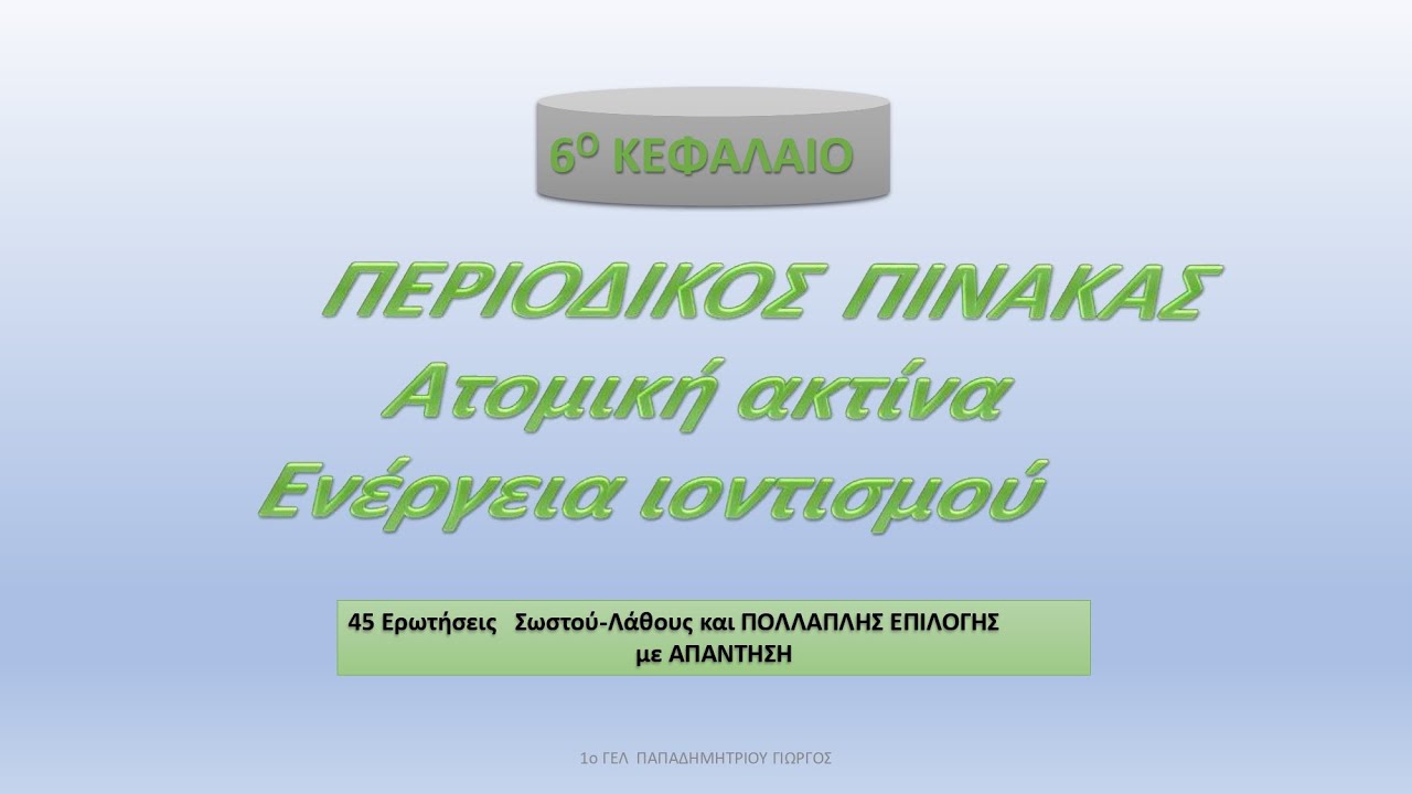 ΠΕΡΙΟΔΙΚΟΣ ΠΙΝΑΚΑΣ - ΑΤΟΜΙΚΗ ΑΚΤΙΝΑ και ΕΝΕΡΓΕΙΑ ΙΟΝΤΙΣΜΟΥ: 45 ...
