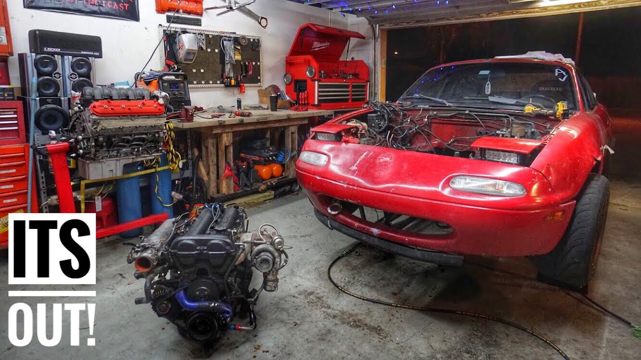 Budget LS Miata Pt.6 Pulling the Blown 1.8 Turbo Engine - YouTube