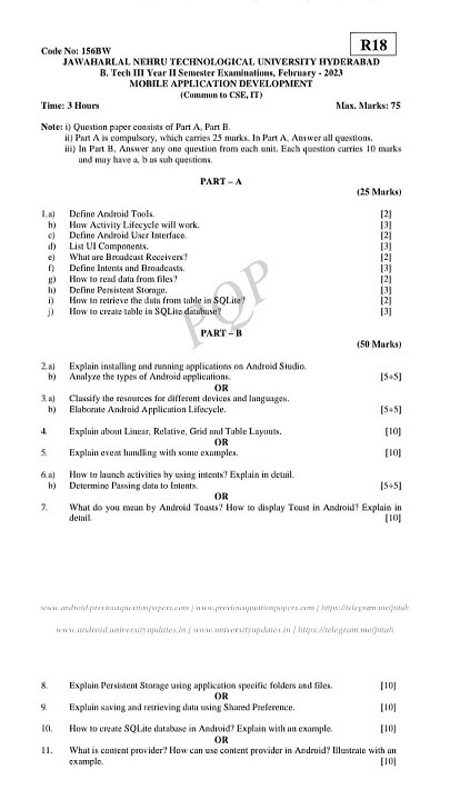 B-TECH JNTUH| R18 | CSE(AI&ML)| MOBILE APPLICATION DEVELOPMENT-2023|QUESTION PAPER - YouTube