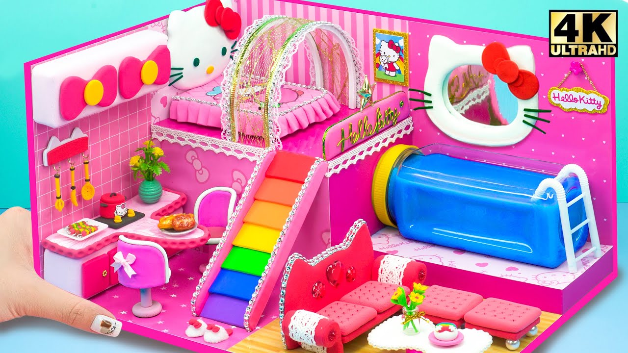 Make Pink Hello Kitty House with Pool from Polymer Clay and Cardboard ️ ...