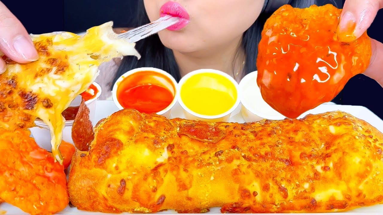 ASMR Cheesy Pepperoni Bread & Hot Buffalo Fried Chicken Wings From ...