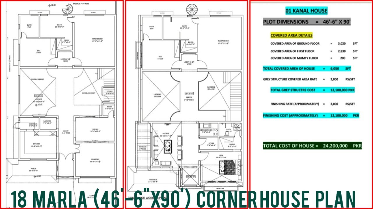 1 Kanal (46'-6"X90') Corner House Plan With Double Height T V Lounge ...