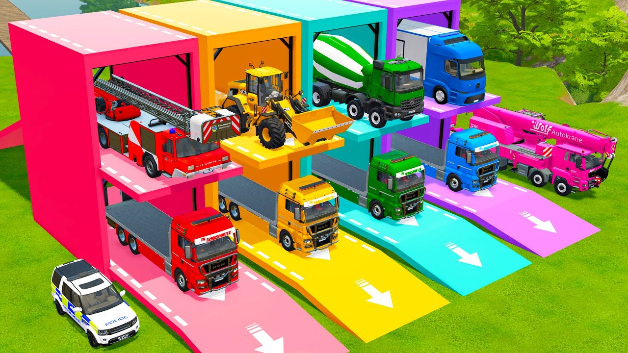 TRANSPORTING EXCAVATOR, MIXER TRUCK, WHEEL LOADER, POLICE CAR TO GARAGE ...