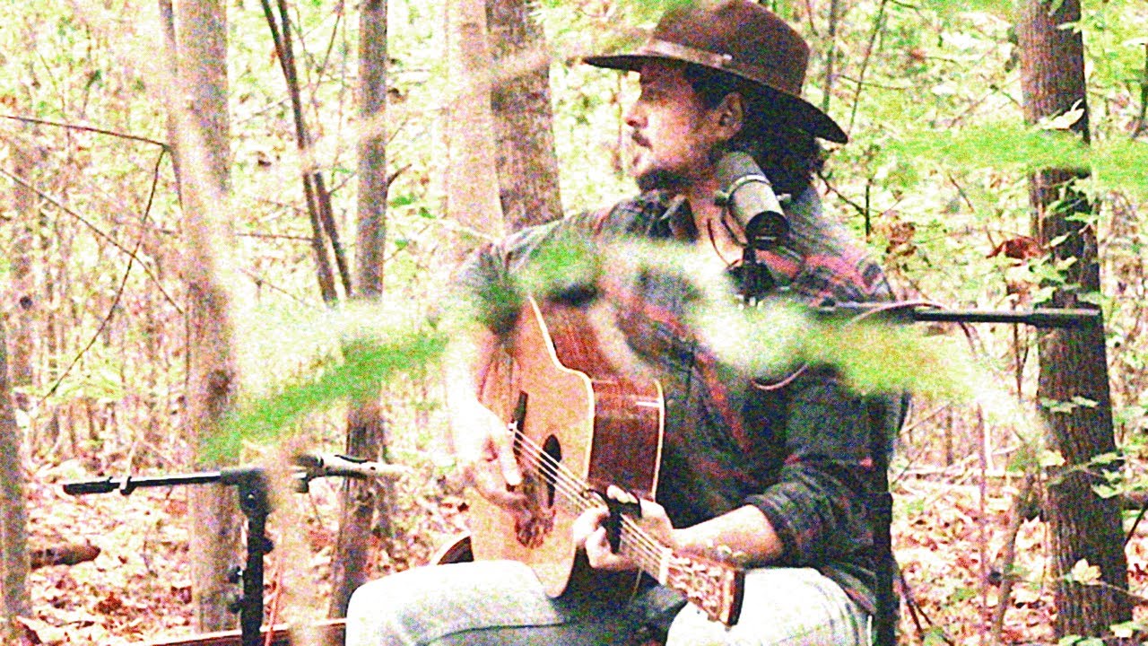 Original music singer-songwriter acoustic guitar performance in woods ...
