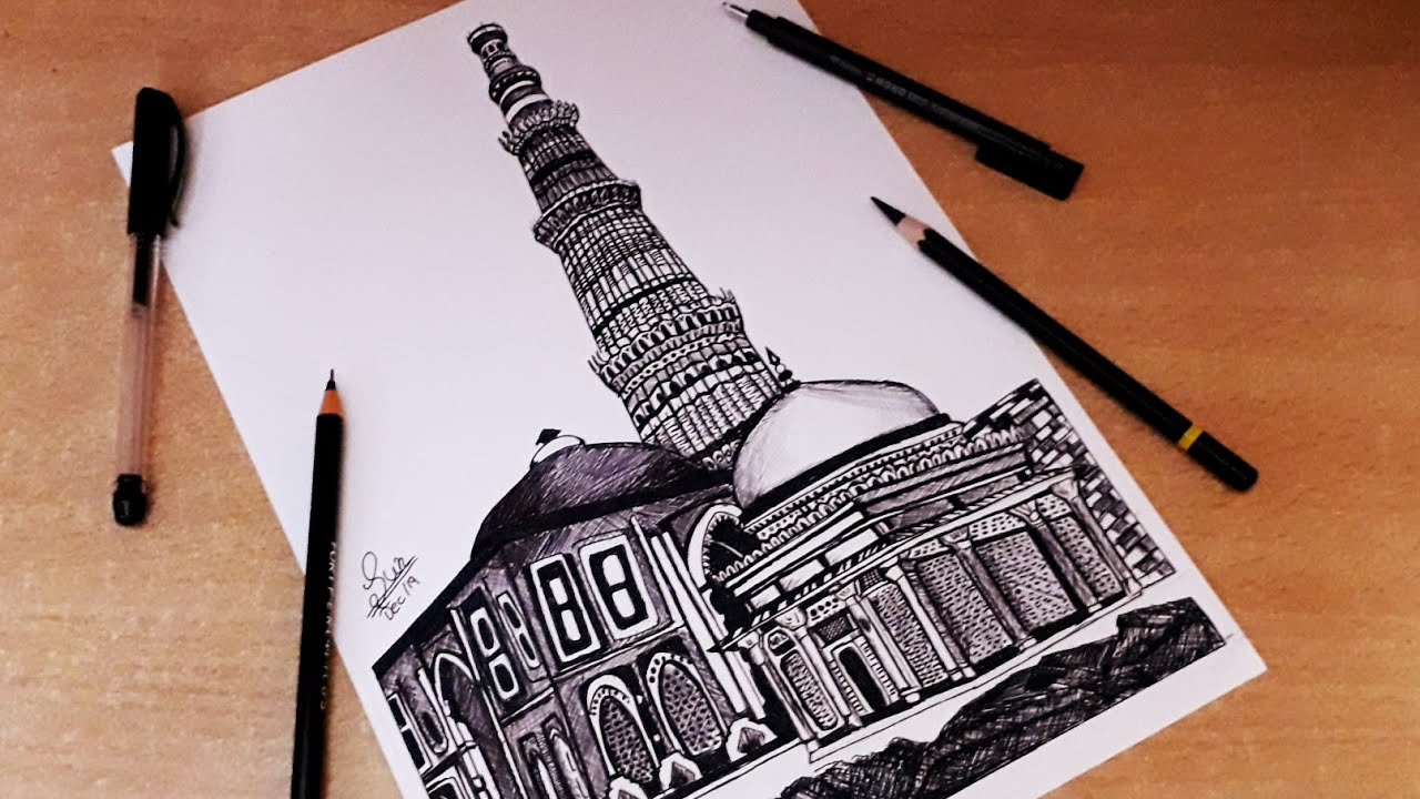 Drawing Qutub Minar with black pen - YouTube