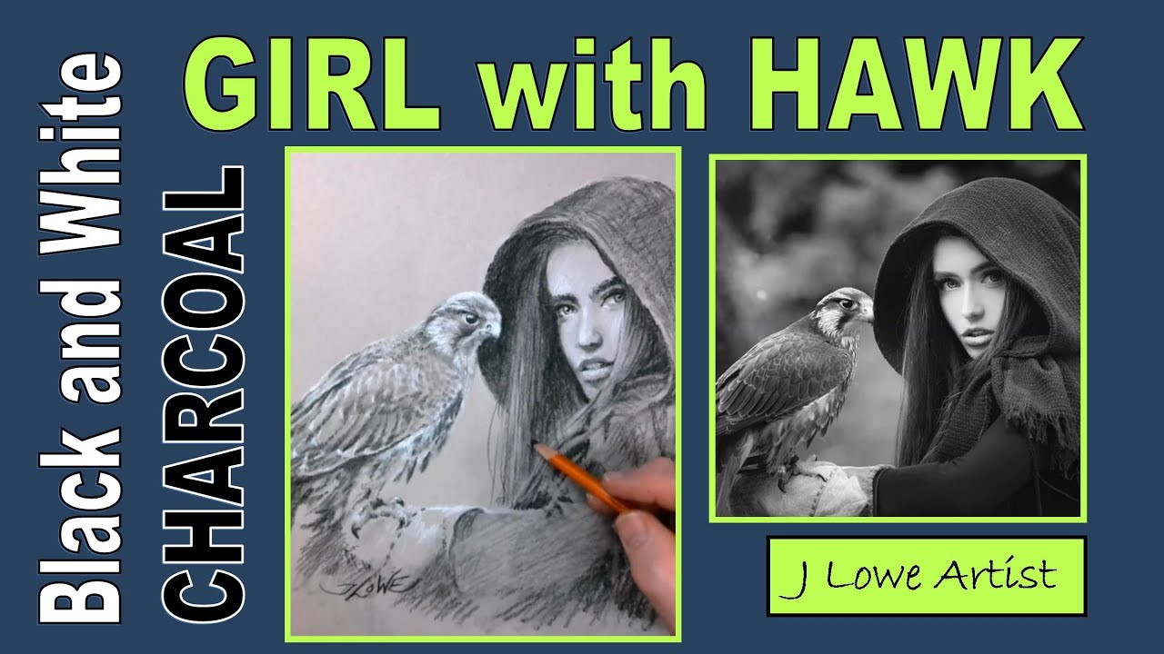 HOW TO DRAW A GIRL WITH A HAWK, Black and White Charcoal on Gray - YouTube