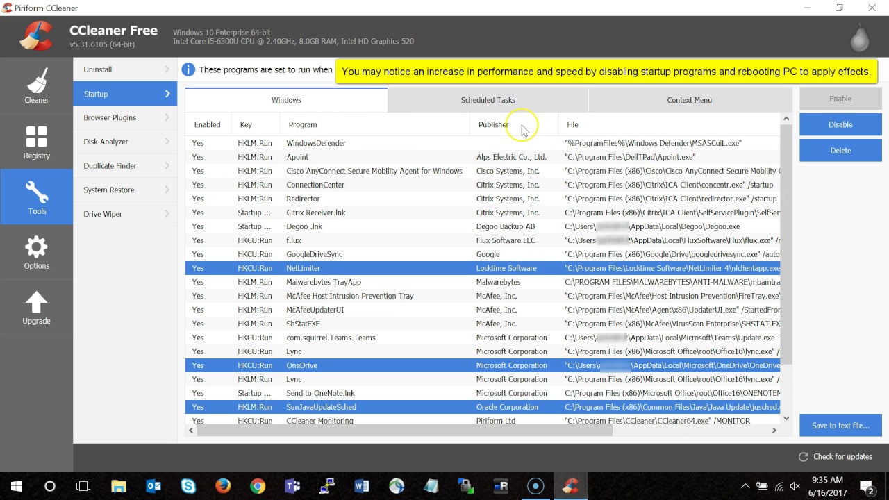 CCleaner Tools Manage Startup Programs - YouTube