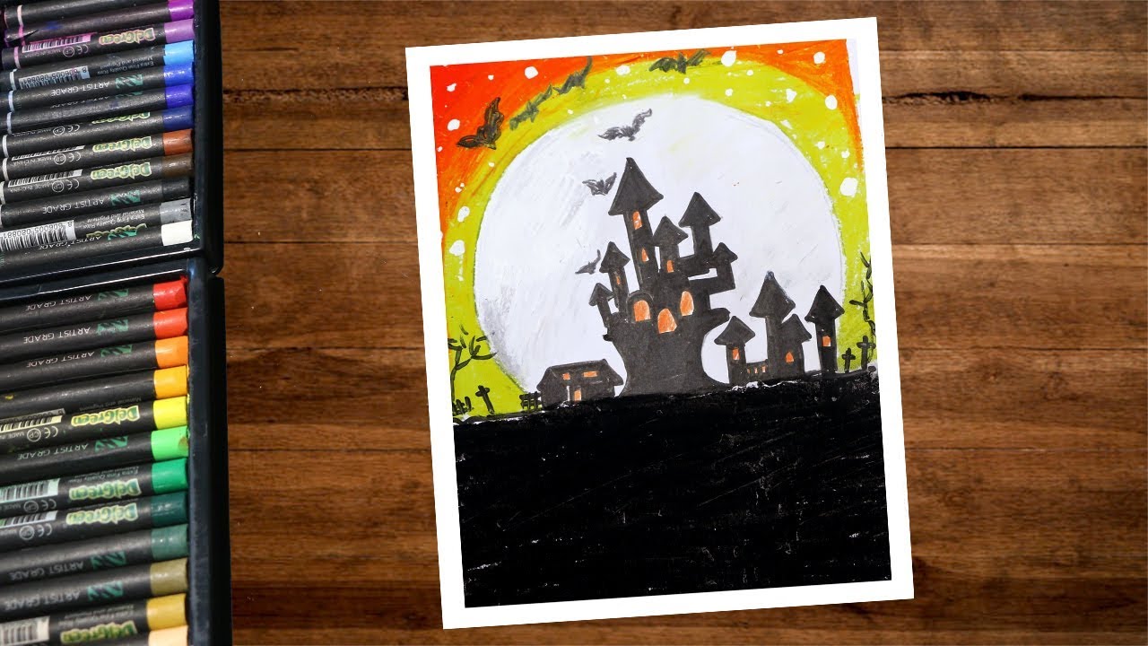 Halloween Drawing With Oil Pastel Step By Step - Haunted Castle Drawing ...