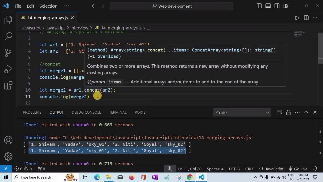 06 Merging Arrays Using 3 Methods Spread Operator And Concat Operator Javascript Youtube