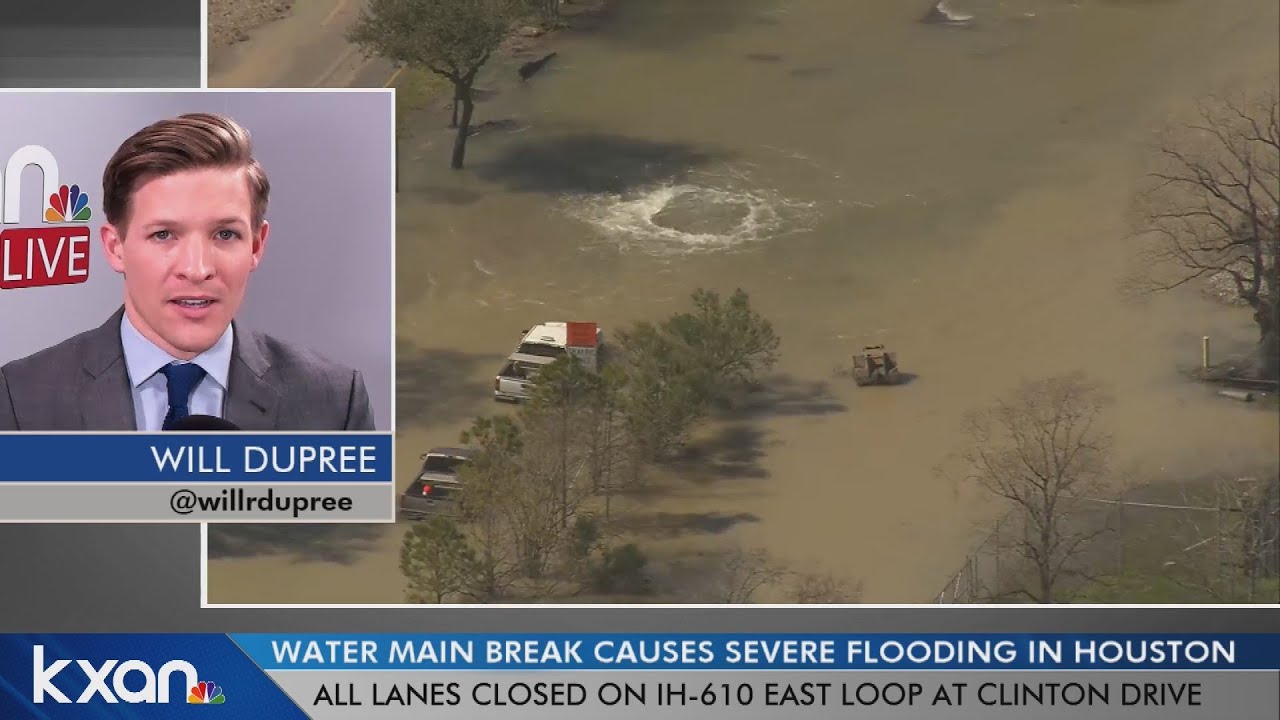 Freeway, roads closed after water main break in east Houston - YouTube