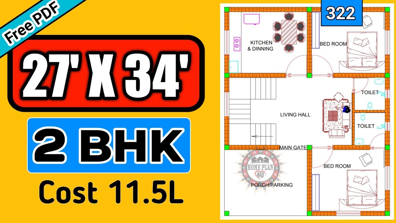 27 x 34 House Plan with 2 Bhk II 27 x 34 House design II 27 x 34 ghar ...