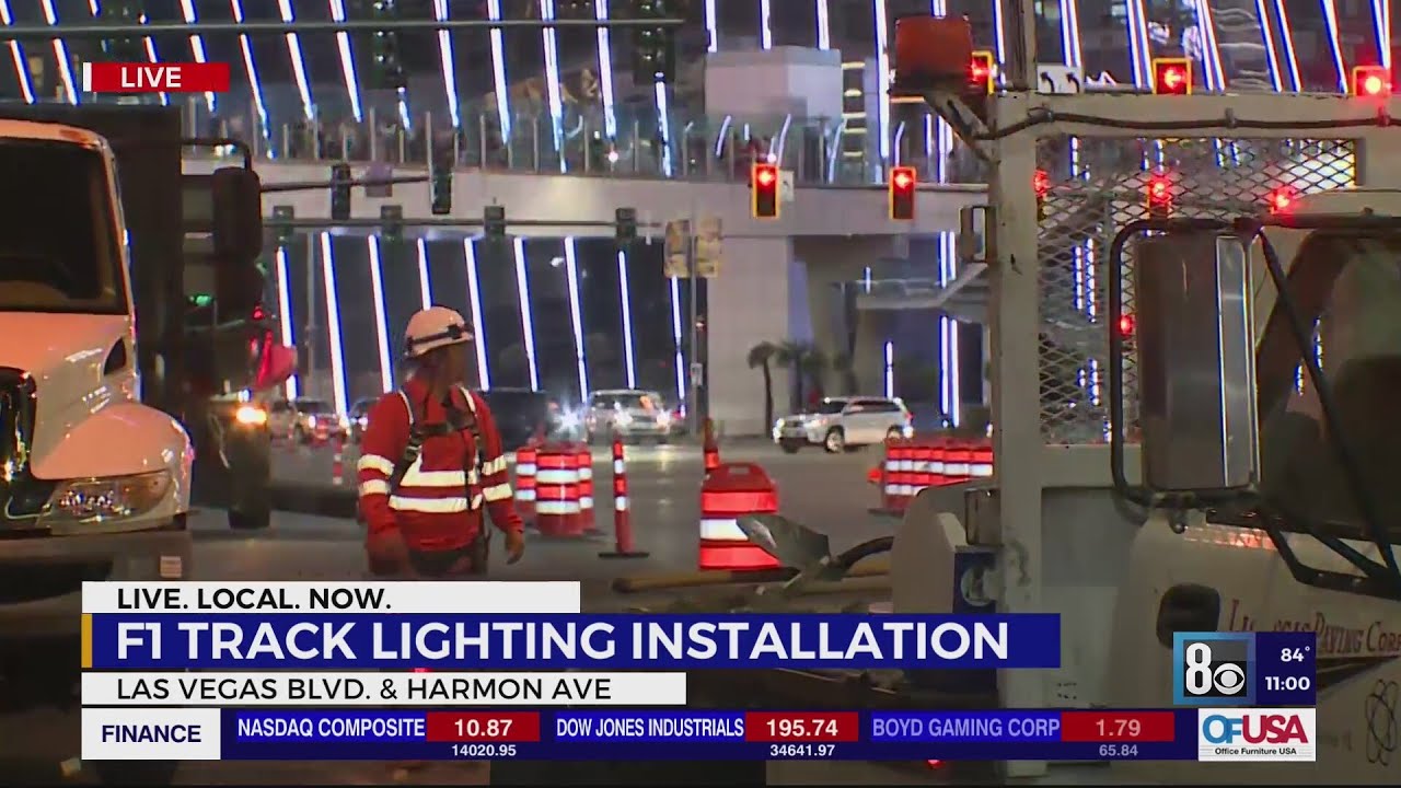 F1 track lighting installation begins along Las Vegas Strip - YouTube
