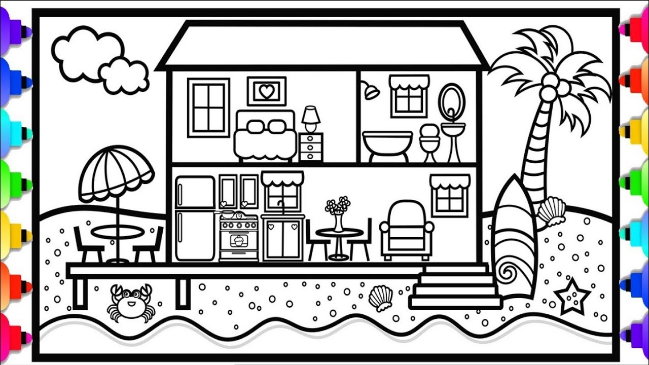 How to draw a Beach House| Coloring page| Drawing and Coloring for kids ...