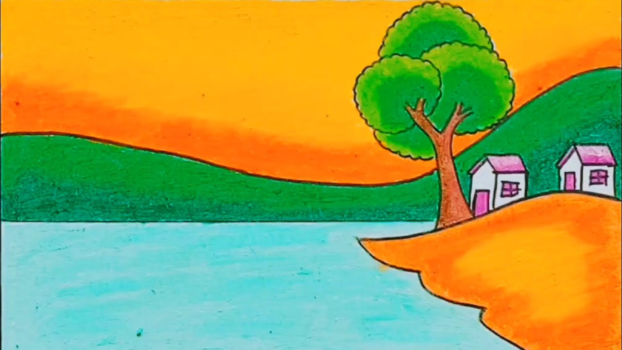 Scenery Drawing | How To Draw Easy Sunset Scenery in The Lake With Oil ...