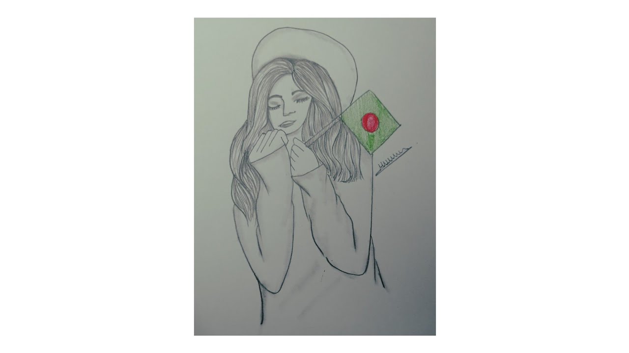 How to draw a girl with flag||Drawing a girl holding flag||step by step ...