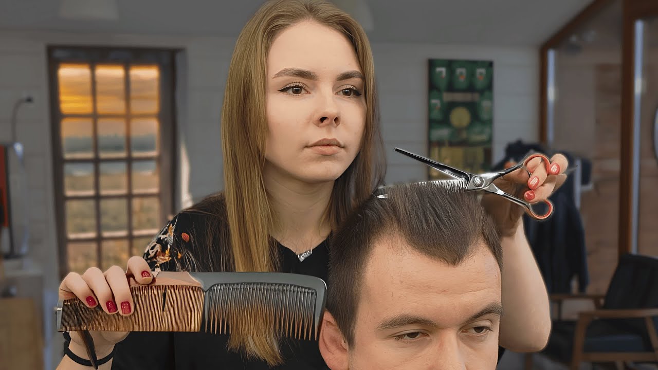 (ASMR) Pro Lady Barber Olya's Greatest Haircut with Scissors for a ...