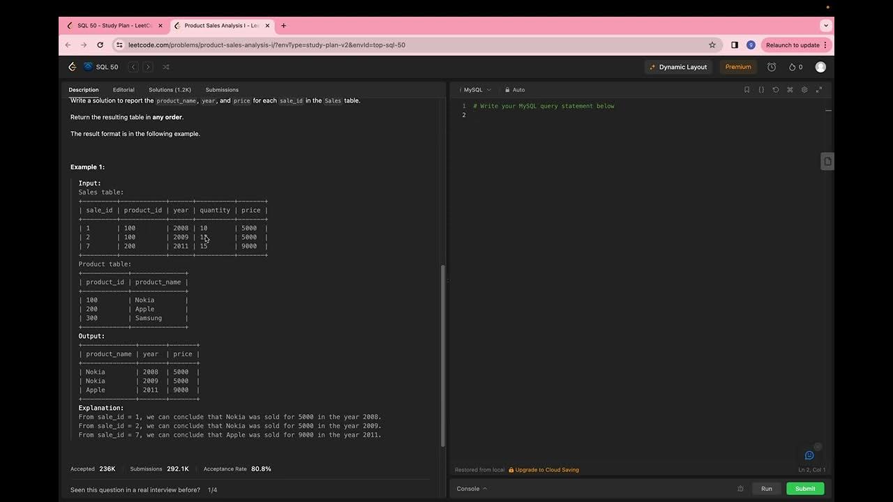 Leetcode Sql 50 1068 Product Sales Analysis I Solution Youtube