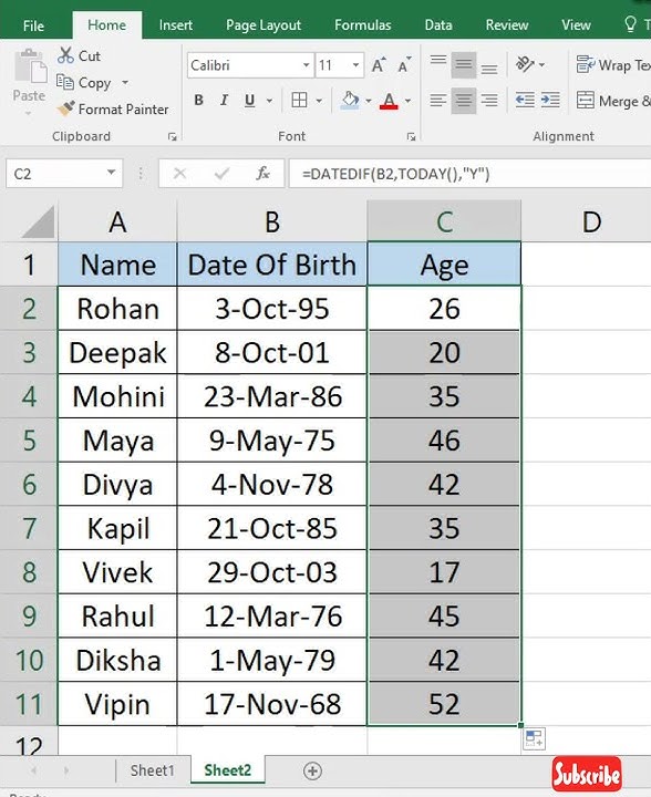 How to Calculate Age in excel by using dateif formula | Age Calculation | Learning Keda | - YouTube
