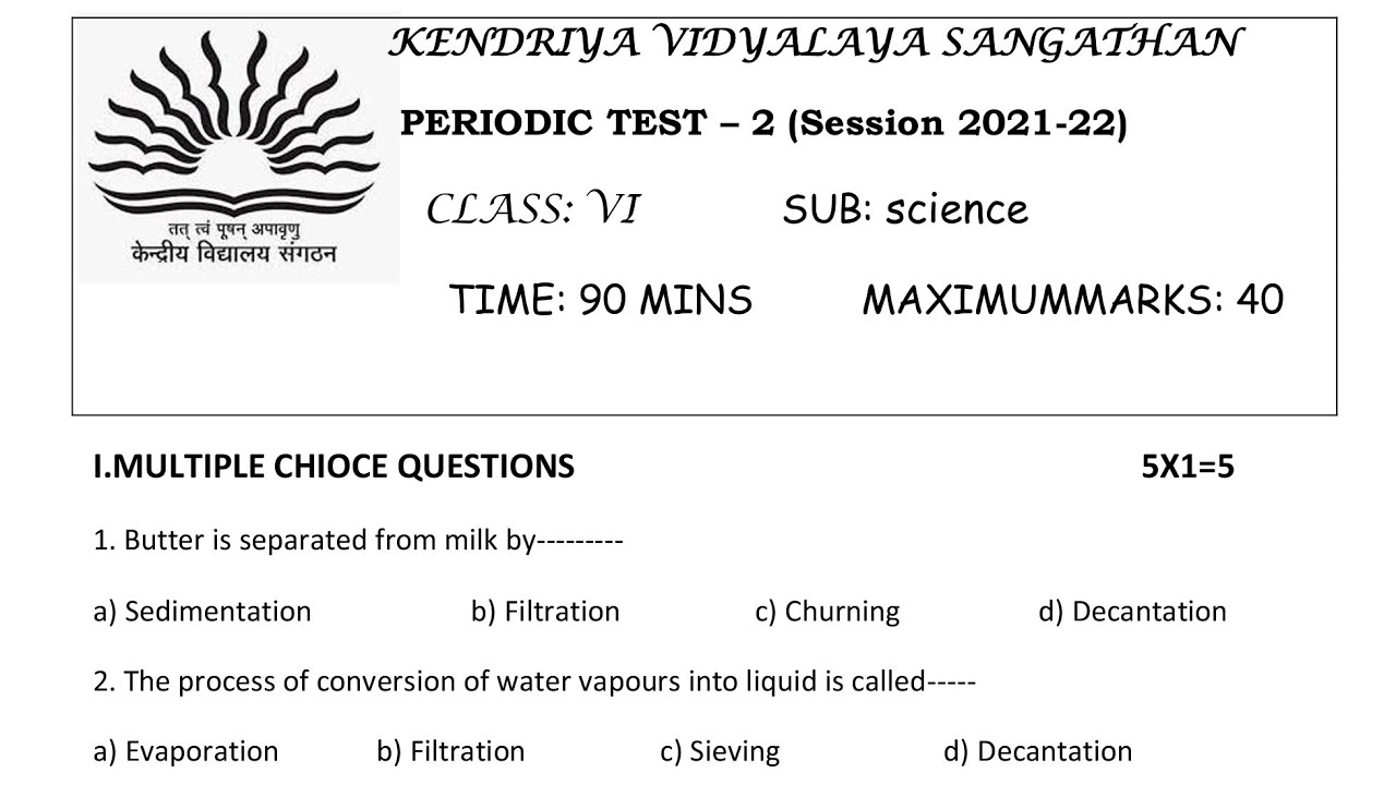 Class 6 SCIENCE Periodic Test PT-2 Sample Question Paper for Kendriya ...