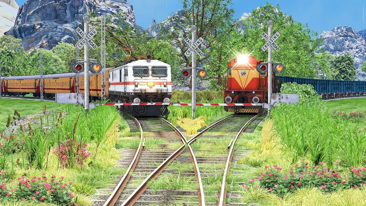 Two Trains Crossing Each other at Railroad Crossing | Train Simulator - YouTube